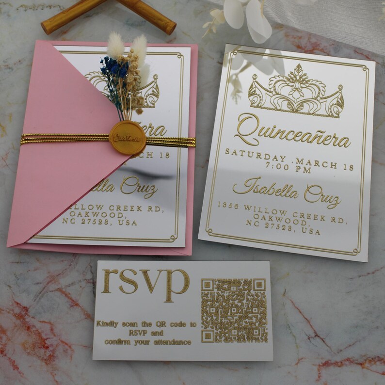 Luxury Acrylic Quinceanera Invitation Set With Gold Foil, Pink Envelope ...