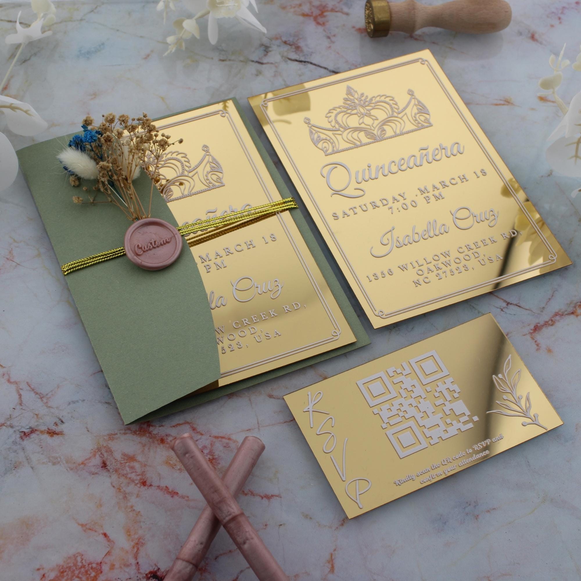 Custom Acrylic Gold Mirror Invitation – Elegant Quinceañera or Wedding ...