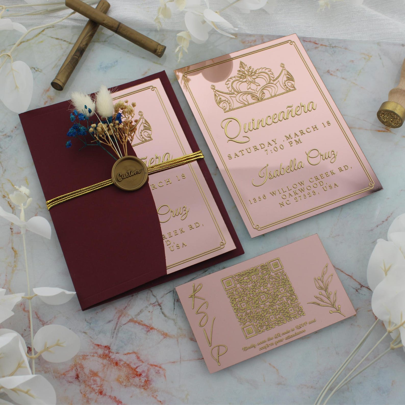 Acrylic Quinceañera Invitation With Gold Foil Print, Rose Gold Mirror ...