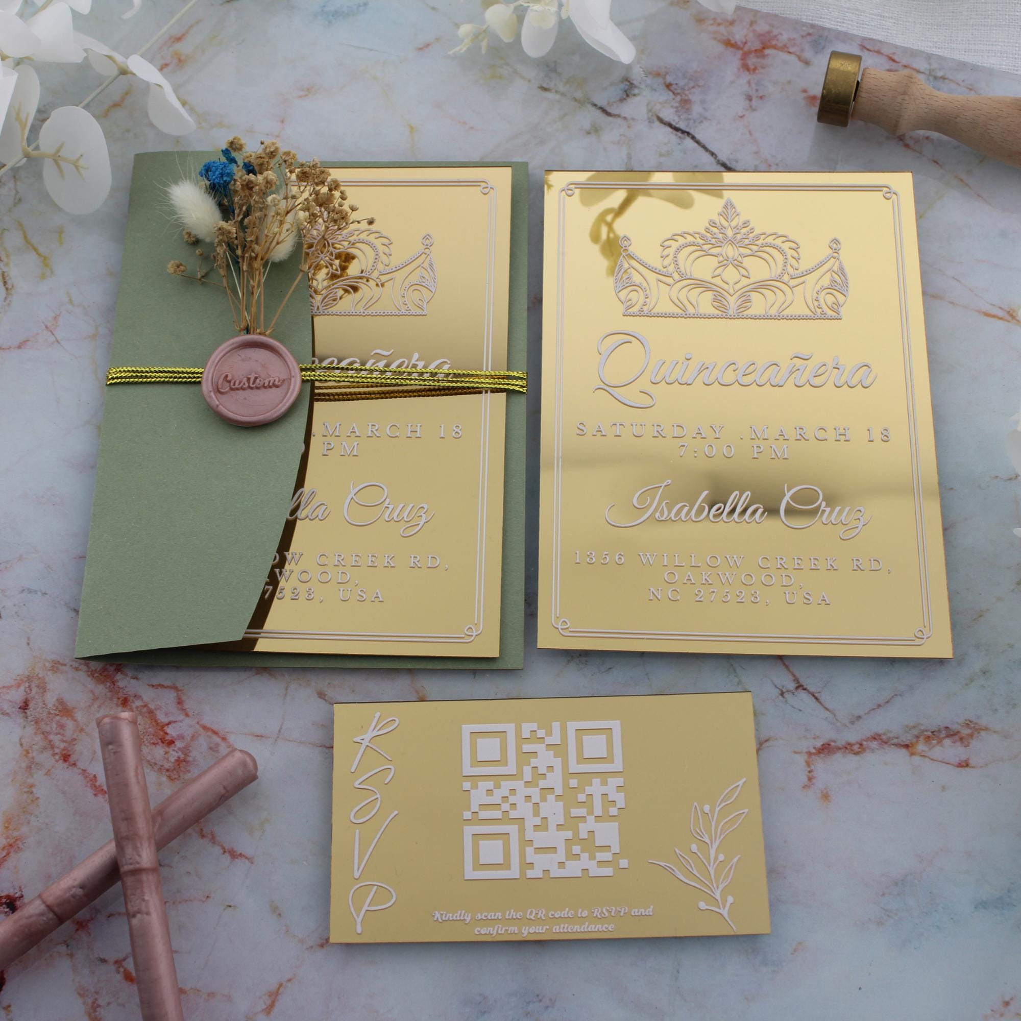 Custom Acrylic Gold Mirror Invitation – Elegant Quinceañera or Wedding ...