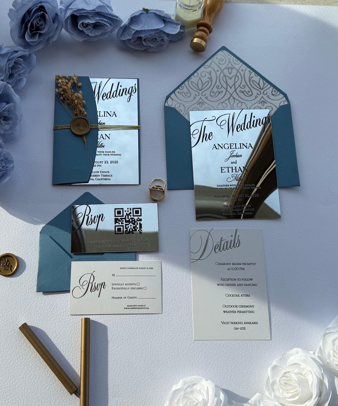 Convite de casamento elegante em acrílico espelhado prateado com ...