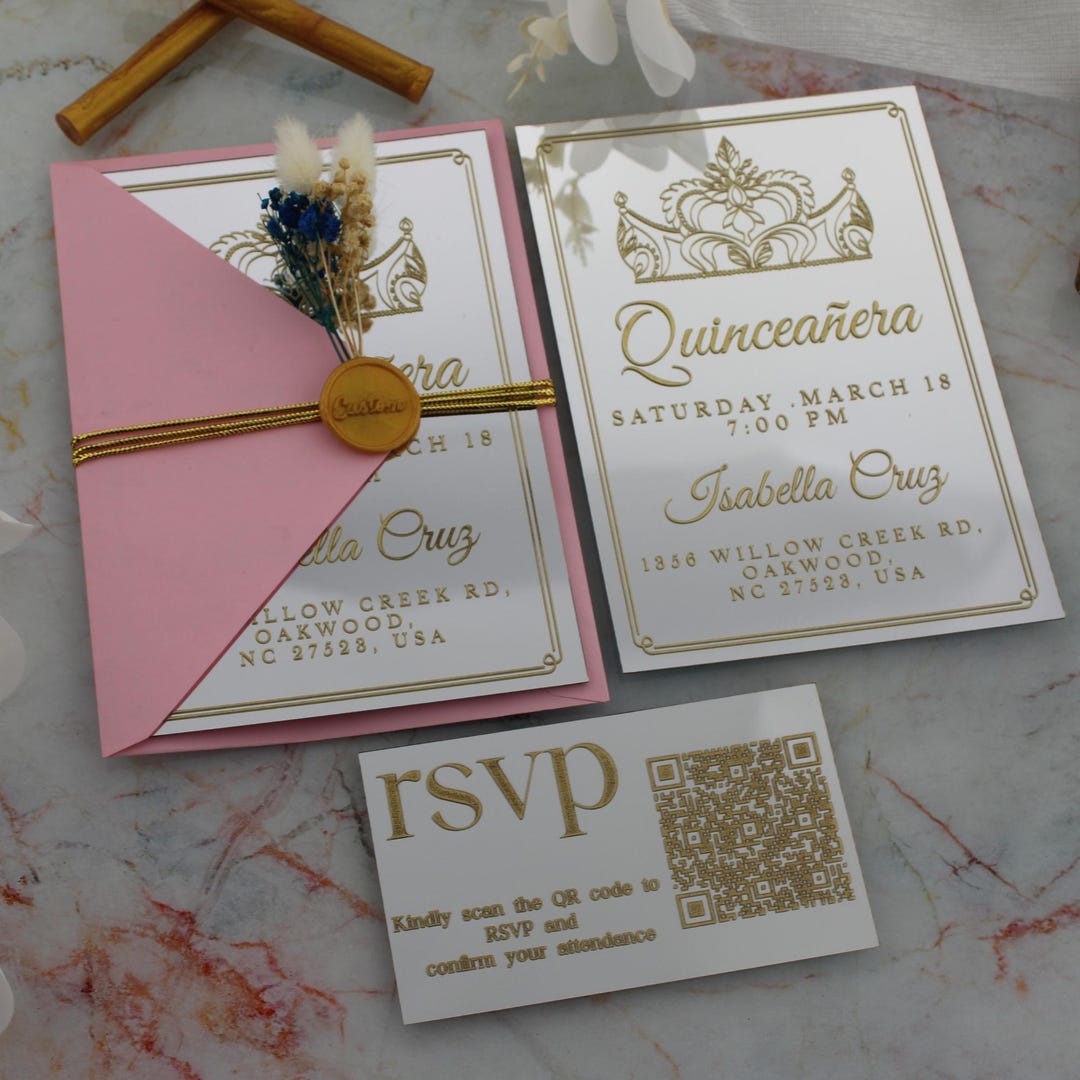 Luxury Acrylic Quinceanera Invitation Set With Gold Foil, Pink Envelope ...