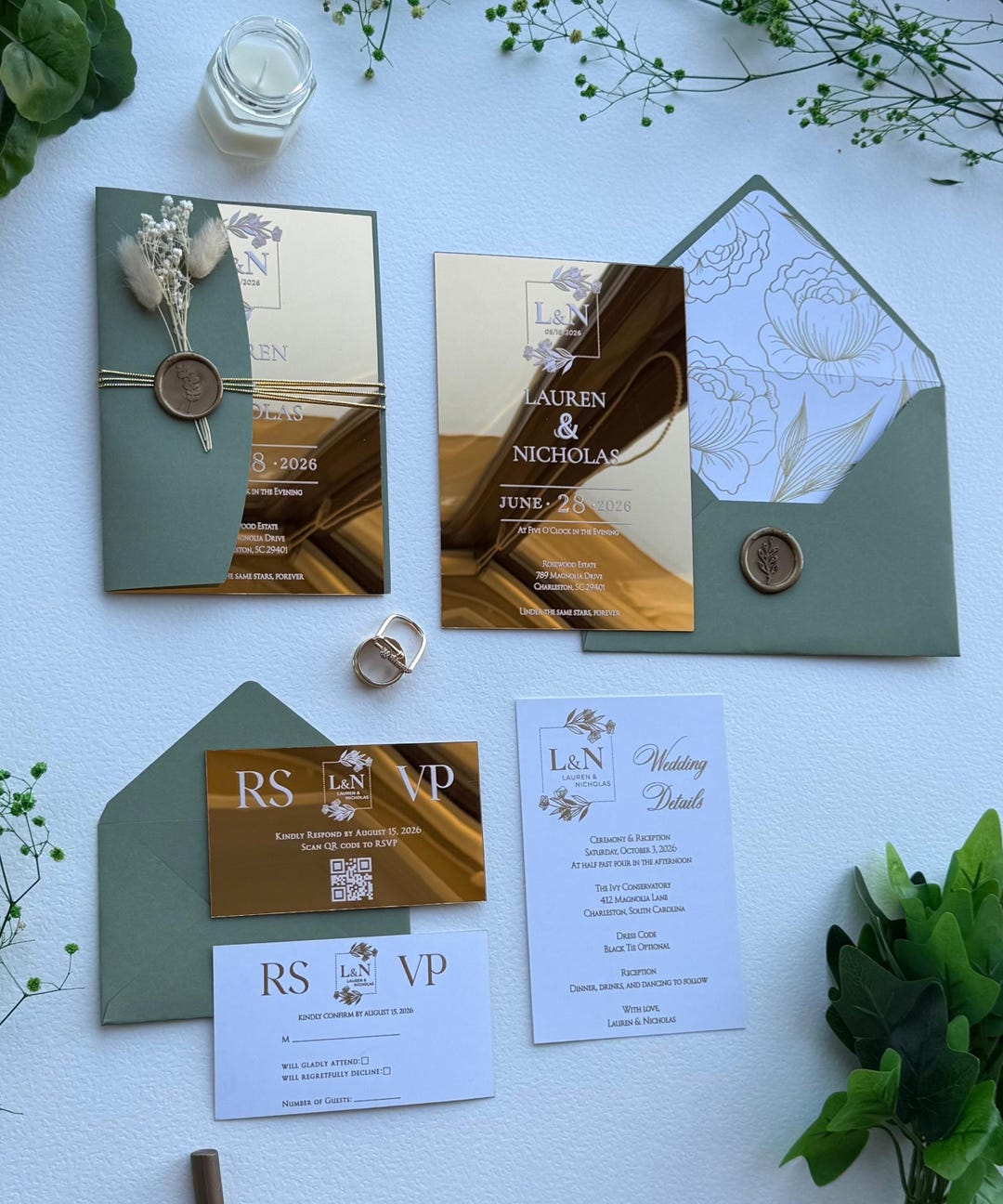 Luxury Gold Mirror Acrylic Wedding Invitation : Acrylic Invite, Sage ...