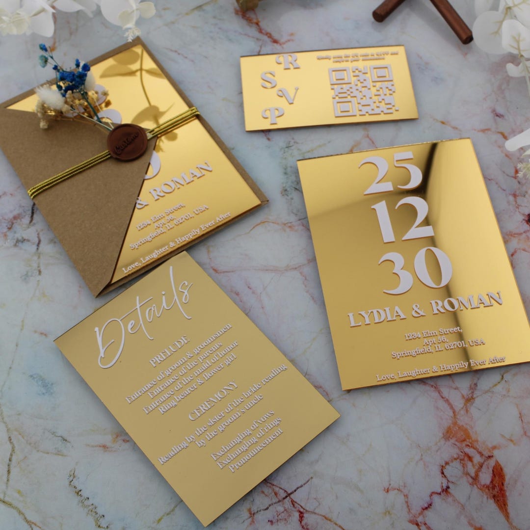 Luxury Gold Mirror Wedding Invitation, Elegant Acrylic Wedding ...
