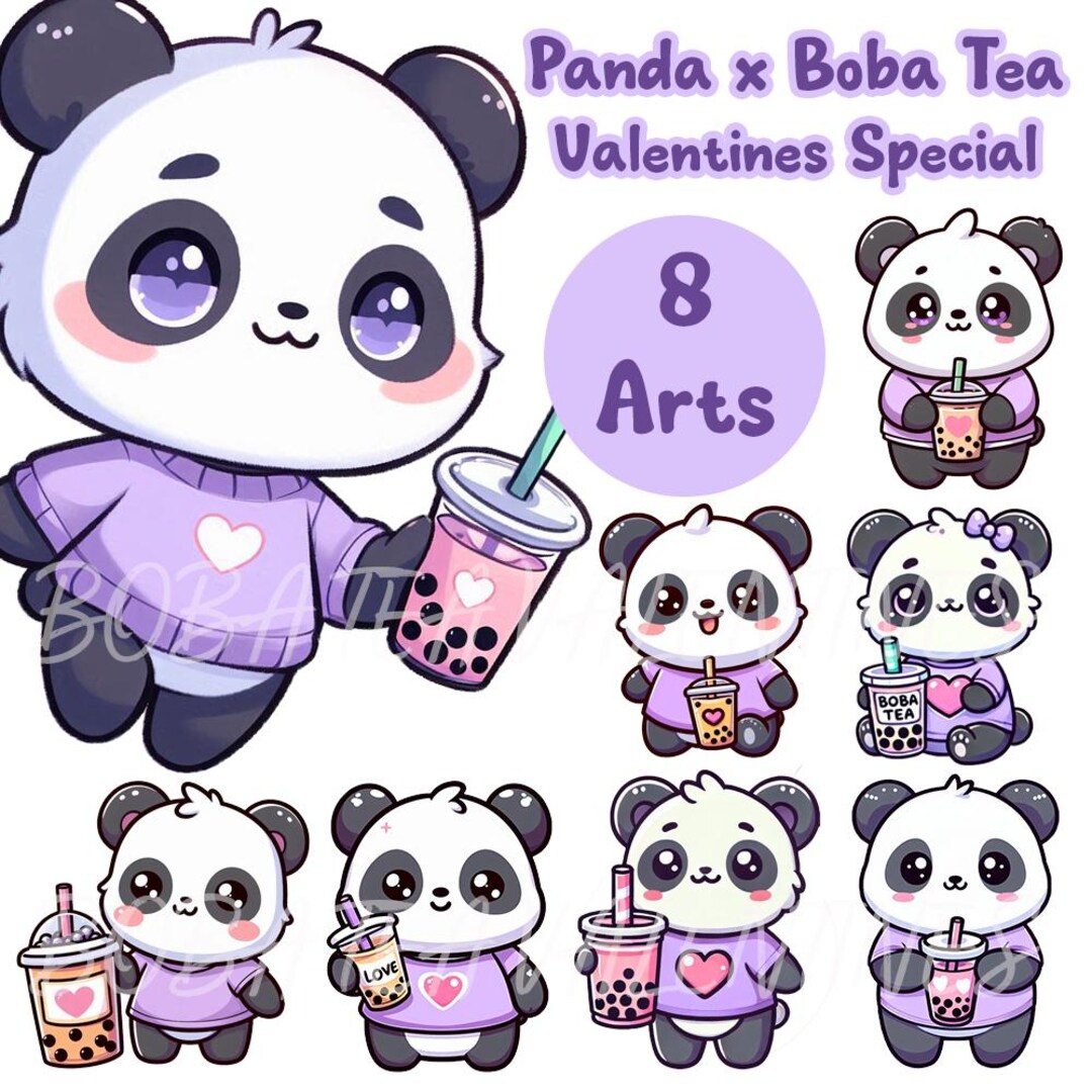 Valentine Boba Panda Clipart Cute Bubble Tea Panda PNG Cute Valentine’s ...