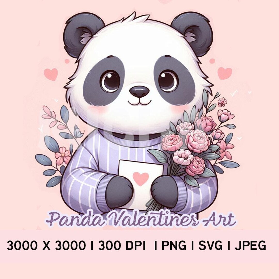 Valentine Panda Clipart Cute Panda Flower PNG Kawaii Love Digital ...