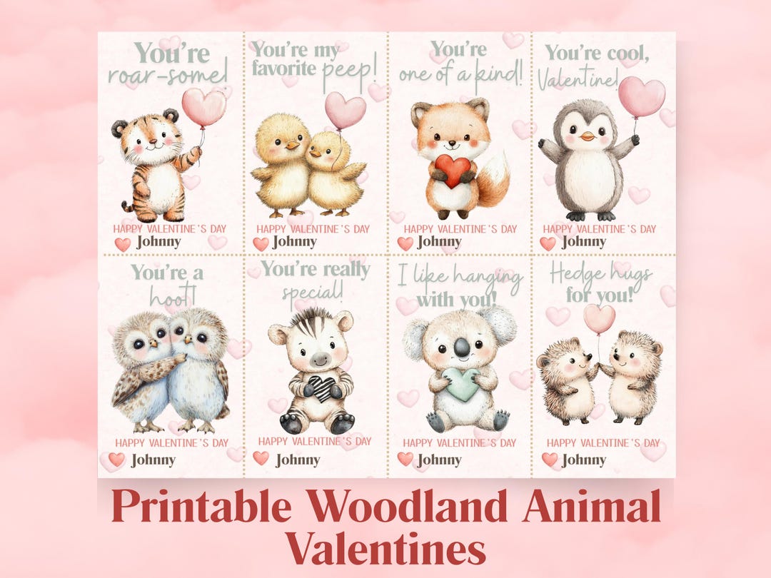 Woodland Animal Valentines, Kids Classroom Cards (editable Name ...