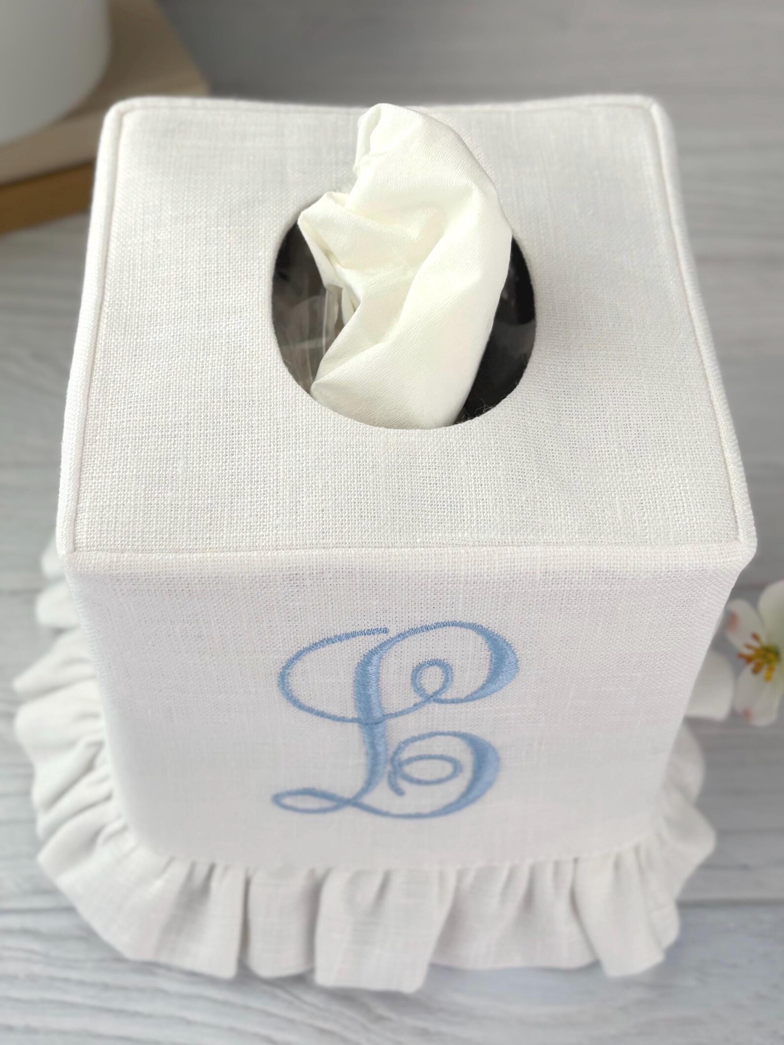 Monogram White Linen Ruffle Tissue Box Cover - Etsy