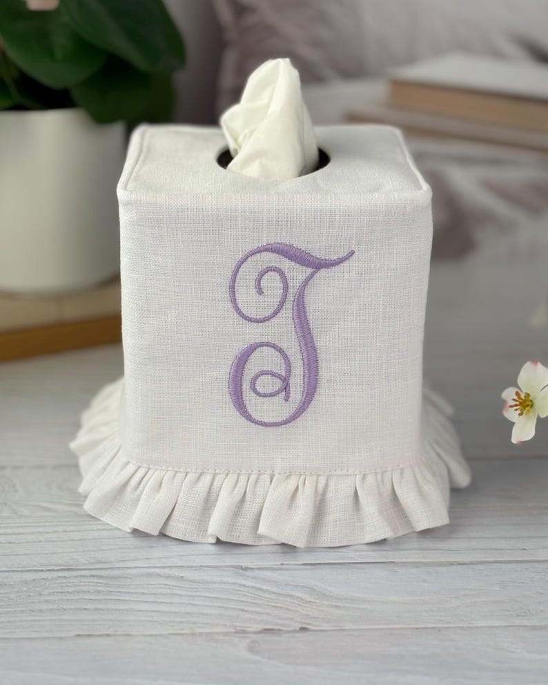 Monogram White Linen Ruffle Tissue Box Cover - Etsy