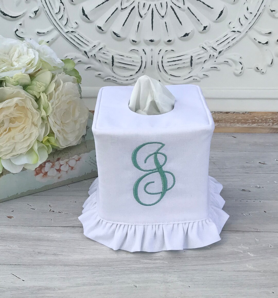 Monogram Linen Blend Ruffle Tissue Box Cover, Pick the Linen Fabric and ...