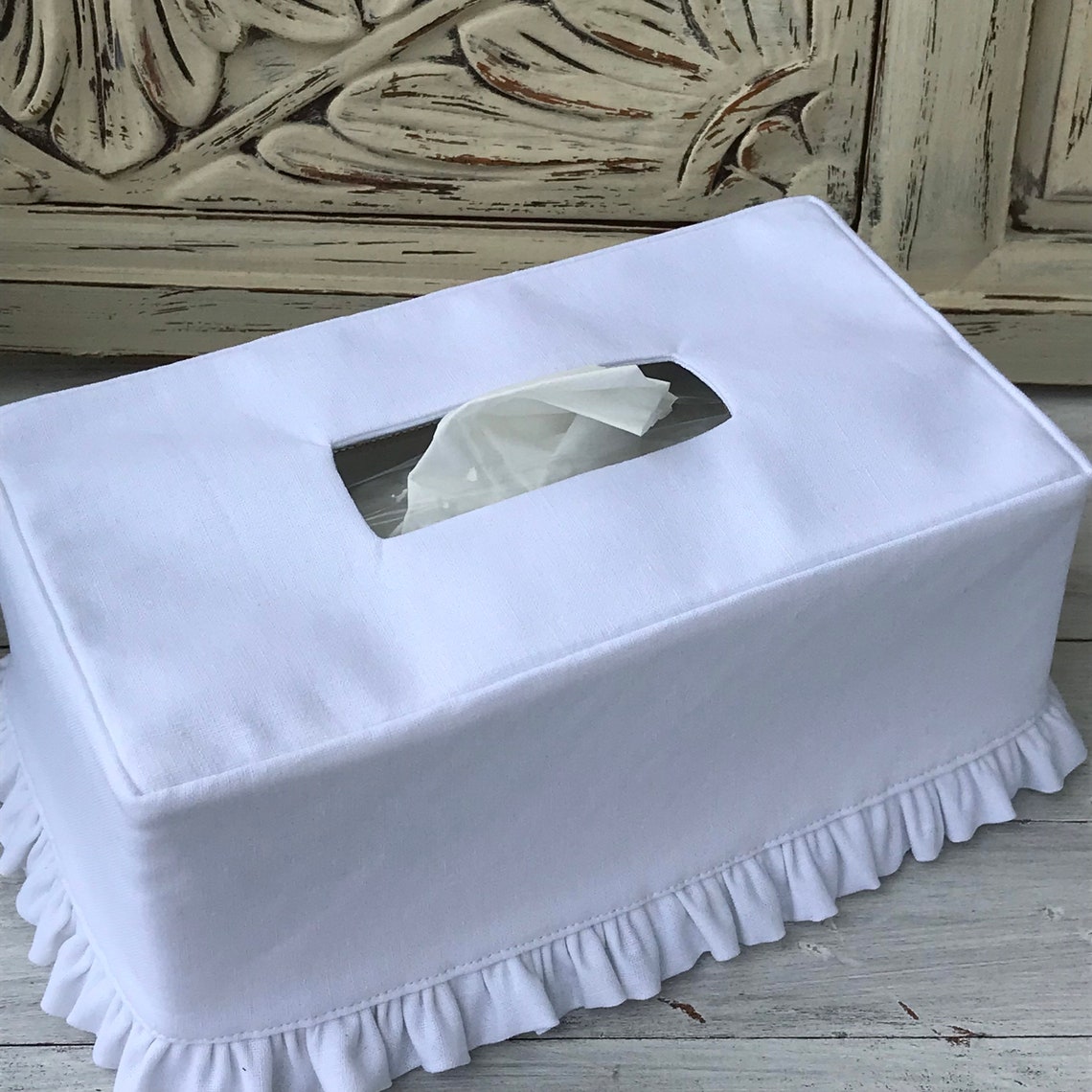 White Linen Ruffle Rectangle Tissue Box Cover | Etsy