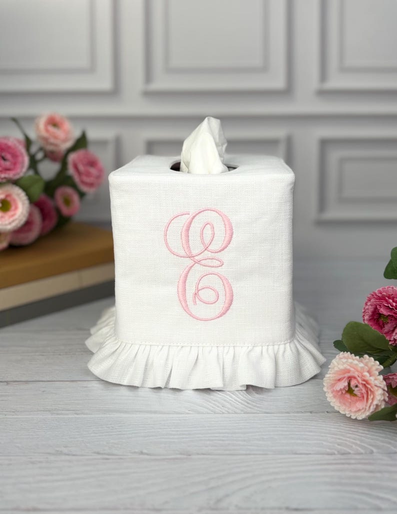 Monogram White Linen Ruffle Tissue Box Cover - Etsy