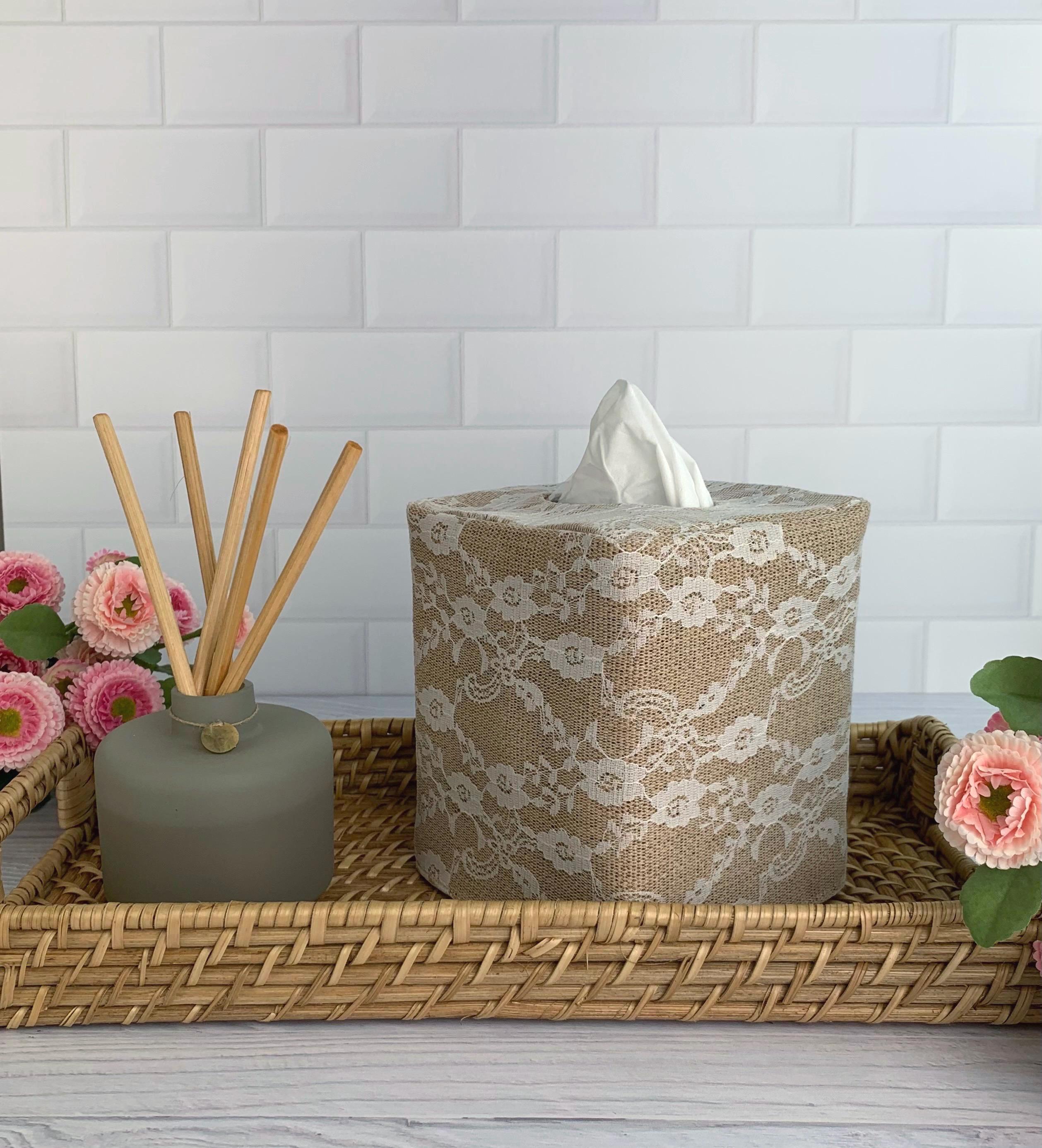 White Lace Burlap Natural Tissue Box Cover - Etsy
