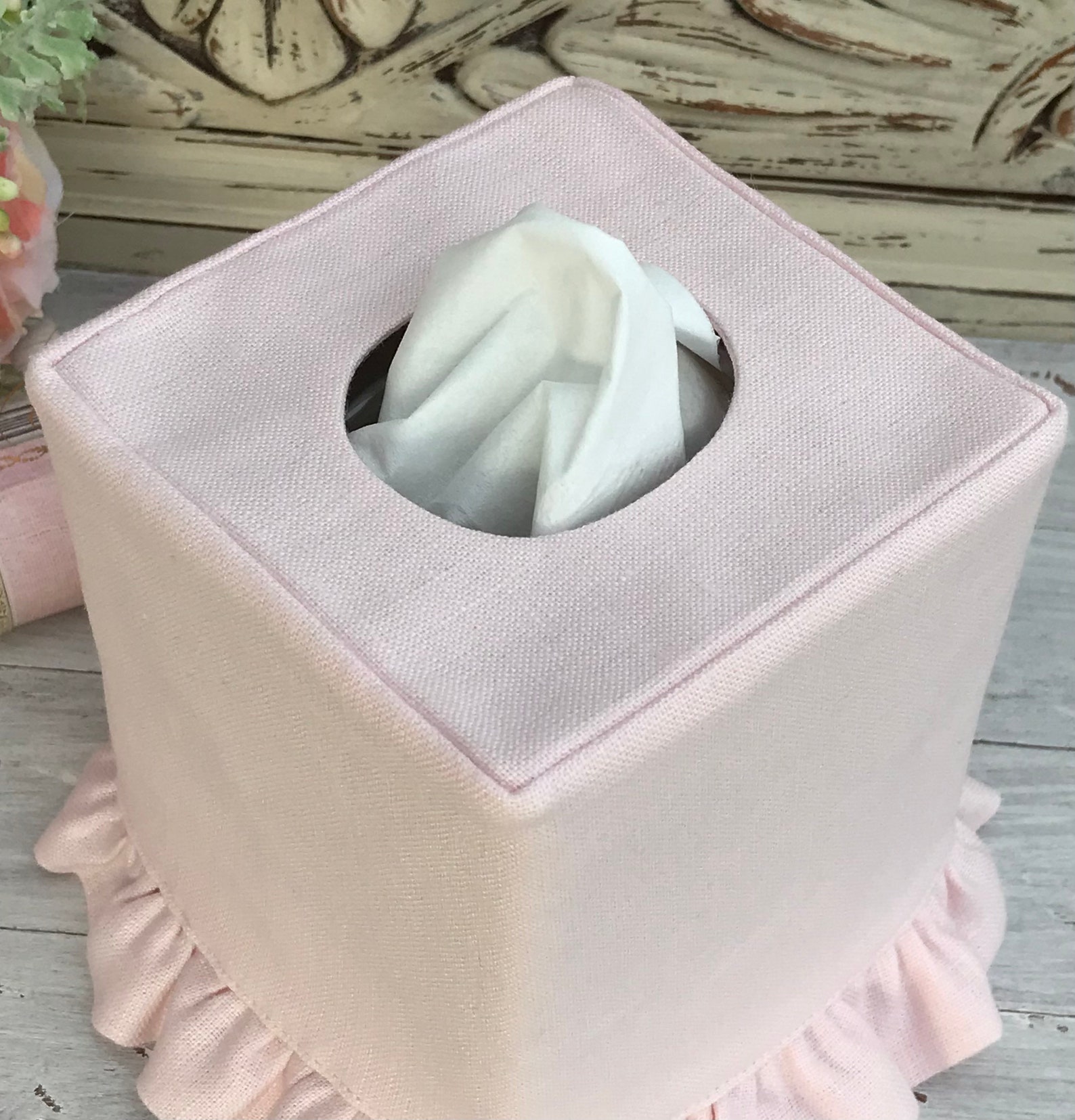 Pink Linen Ruffle Tissue Box Cover - Etsy