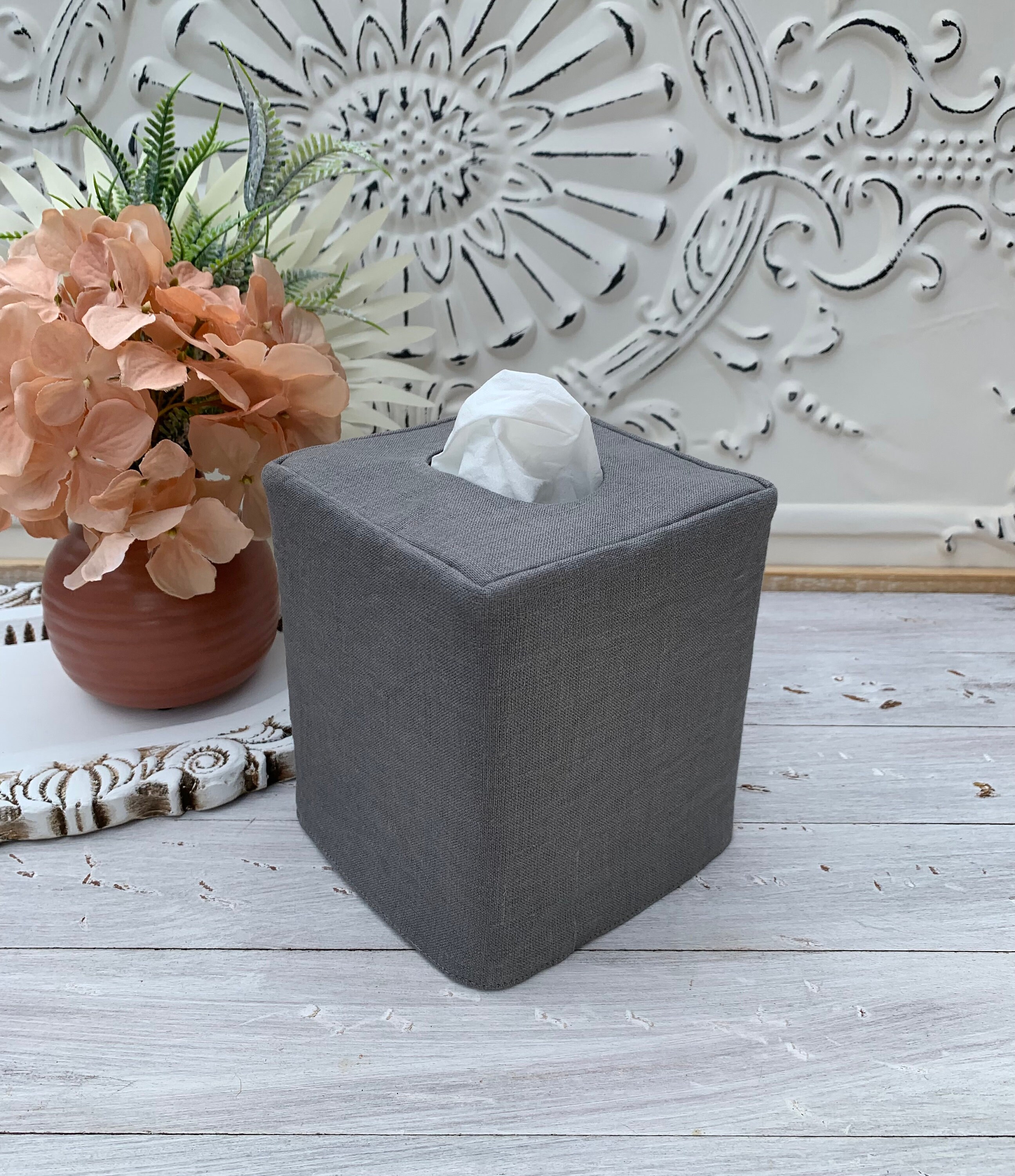 Dark Gray Linen Reversible Tissue Box Cover Etsy