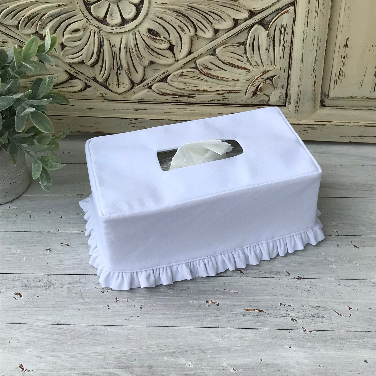 White Linen Ruffle Rectangle Tissue Box Cover - Etsy