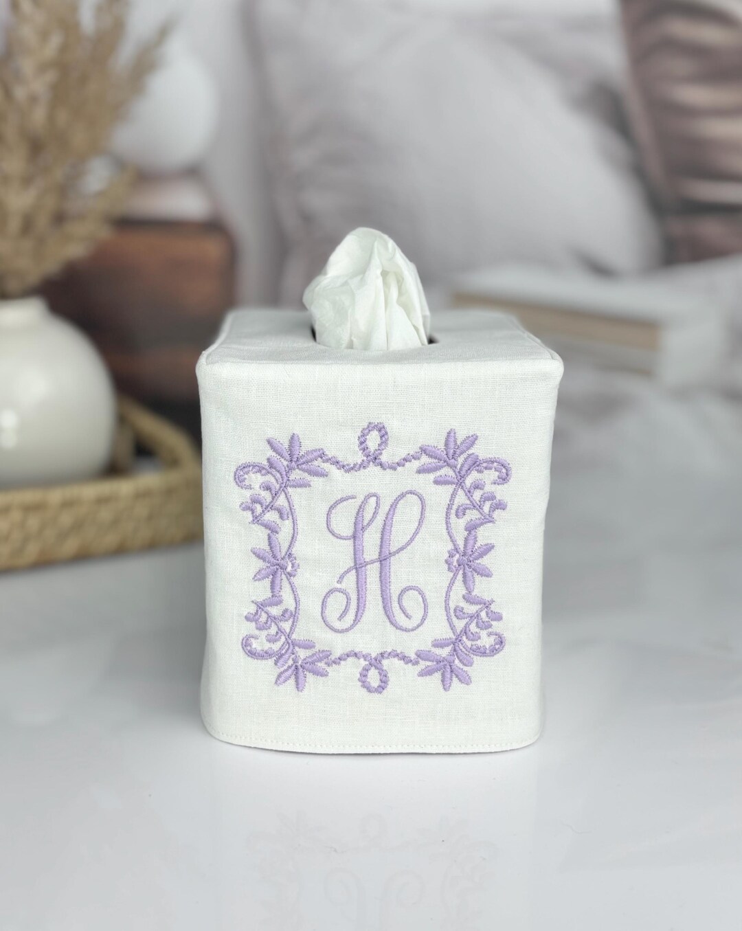 Embroidery Monogram Linen Floral Frame Reversible Tissue Box Cover - Etsy
