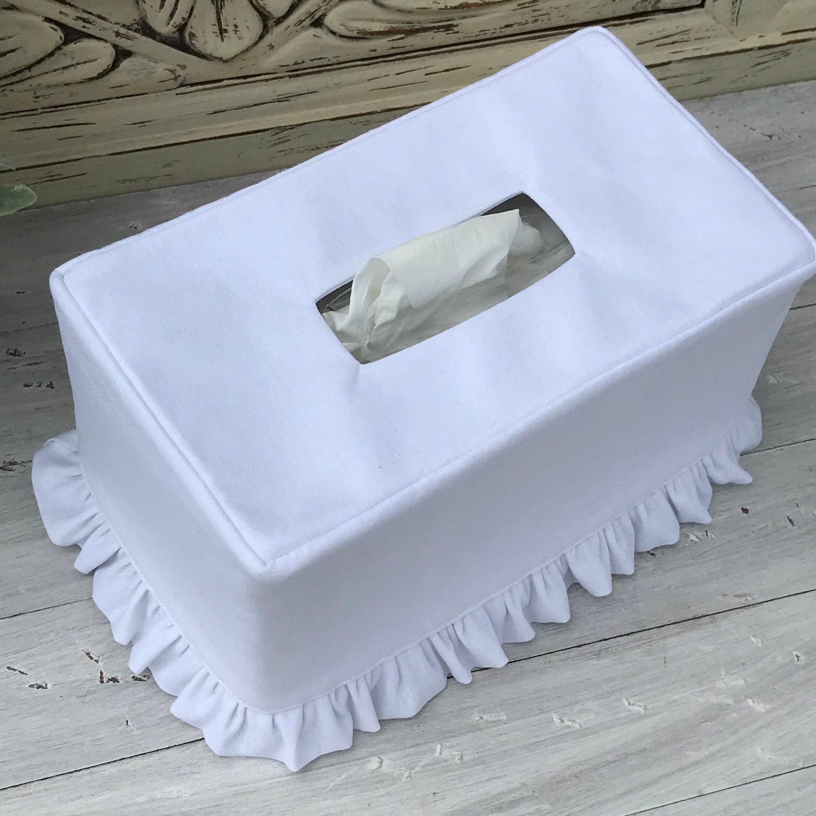 White Linen Ruffle Rectangle Tissue Box Cover - Etsy