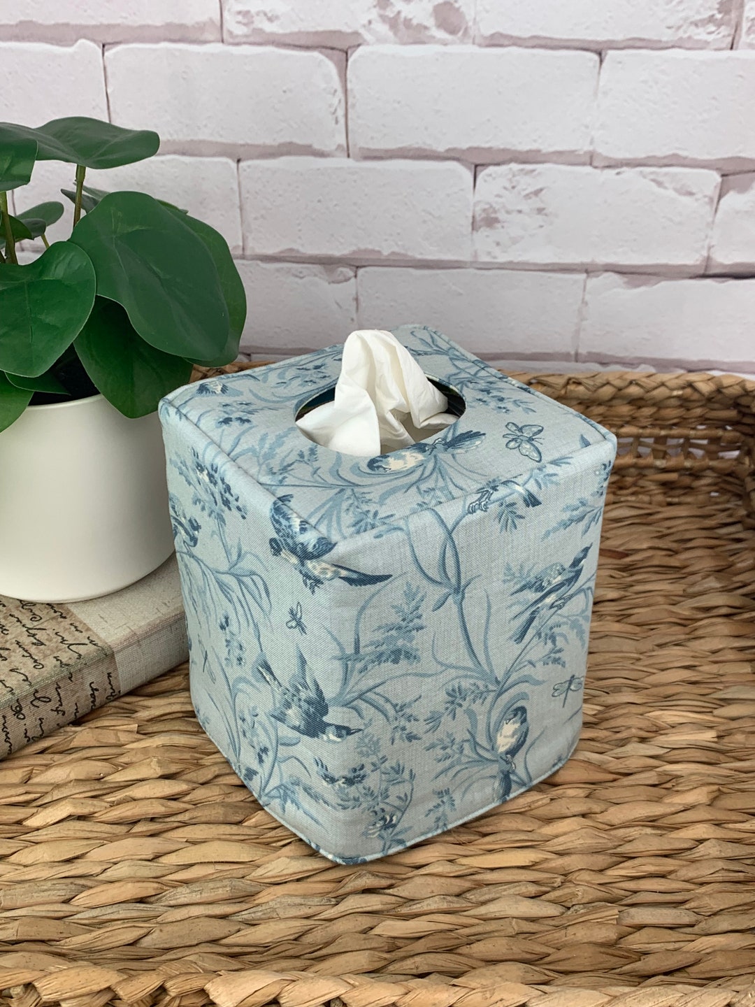 Aviary Blue Toile/blue and Beige Floral Reversible Tissue Box Cover - Etsy