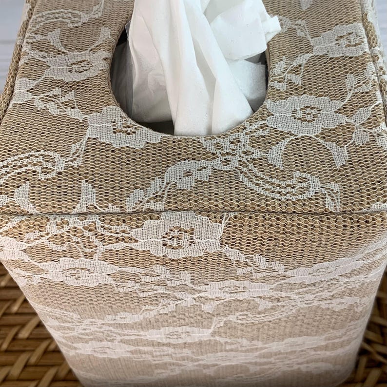 White Lace Burlap Natural Tissue Box Cover - Etsy