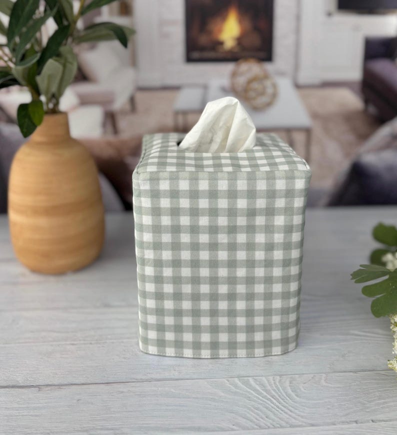 Green Gingham and Green Linen Blend Reversible Tissue Box Cover - Etsy