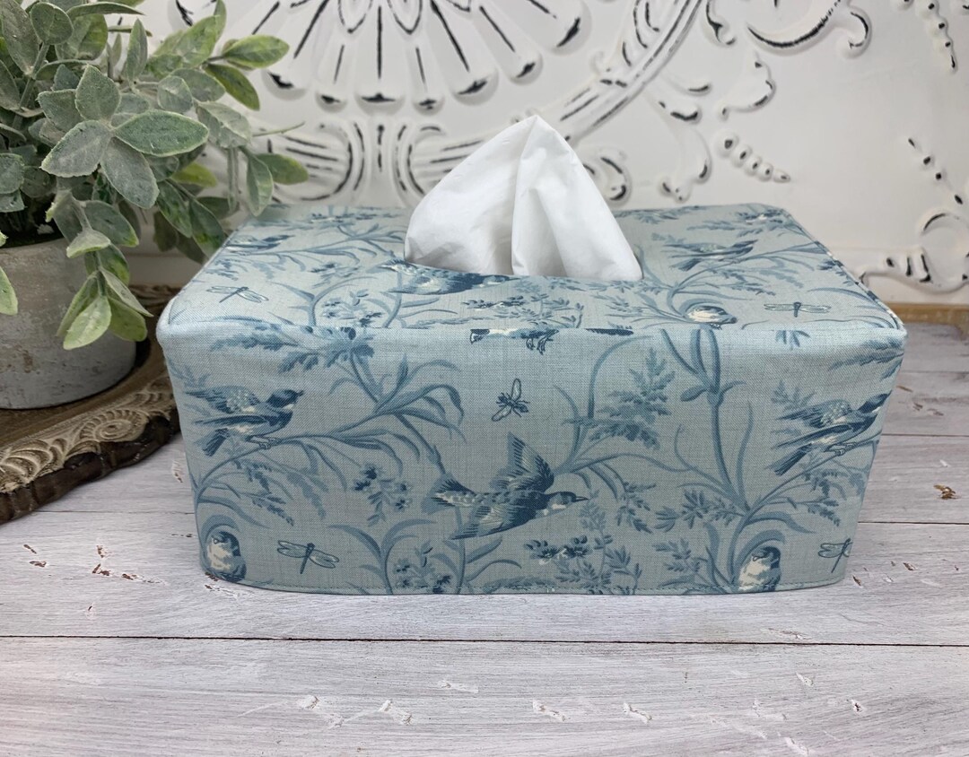 Aviary Blue Bird Toile and Blue Linen Rectangle Reversible Tissue Box ...