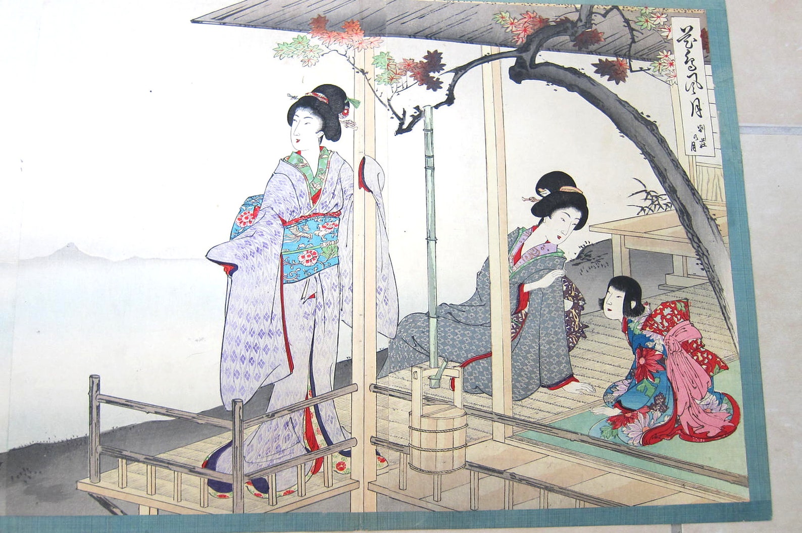 Antique Japanese 3 Panels Woodblock Print -geishas Enjoy View at Biwa ...