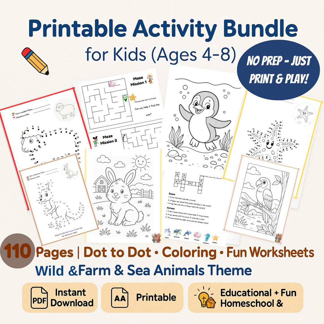 110 Page Animal Activity Bundle | Dot to Dot, Coloring, Mazes, Word ...