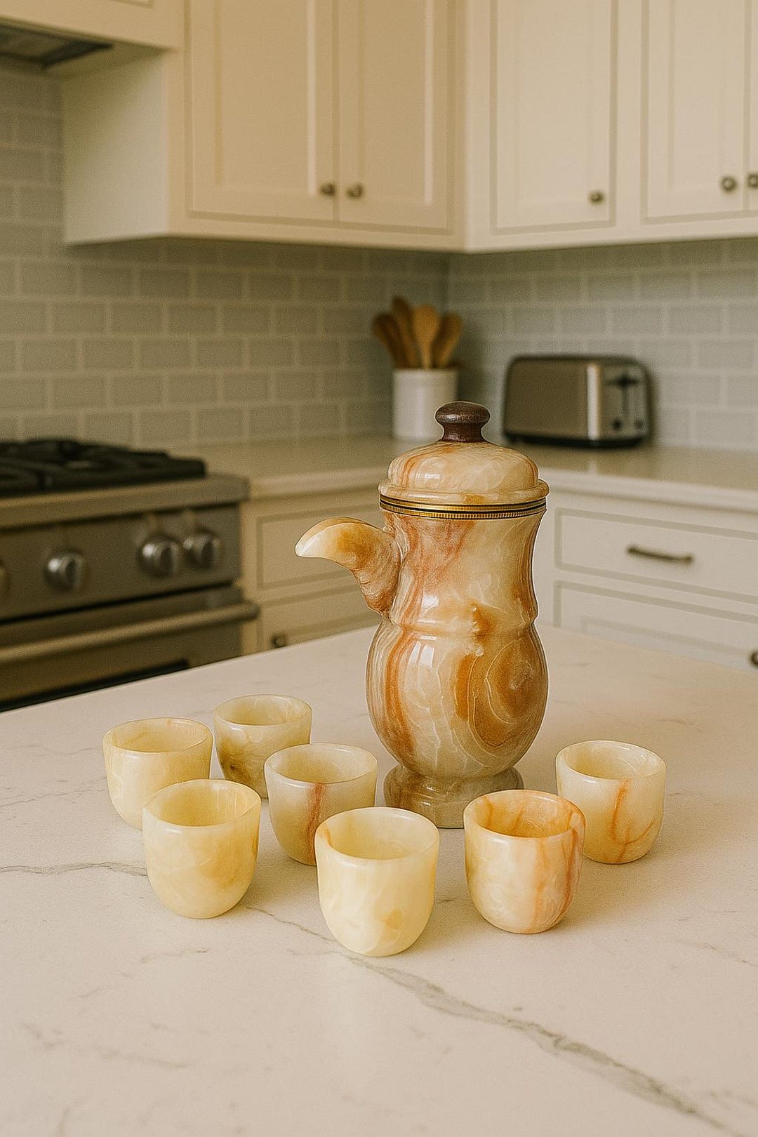 Vintage Marble Handcraft Tea Set – Teapot, Tea Cups, Tea Kettle, Sugar ...