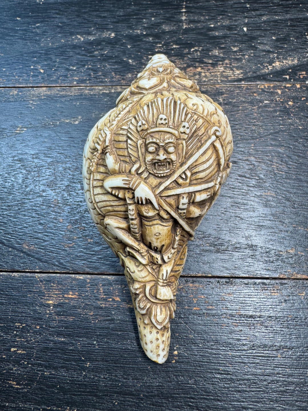 Hand Carved Tibetan Conch Shell Mahakala | Wrathful Deity Sculpture ...