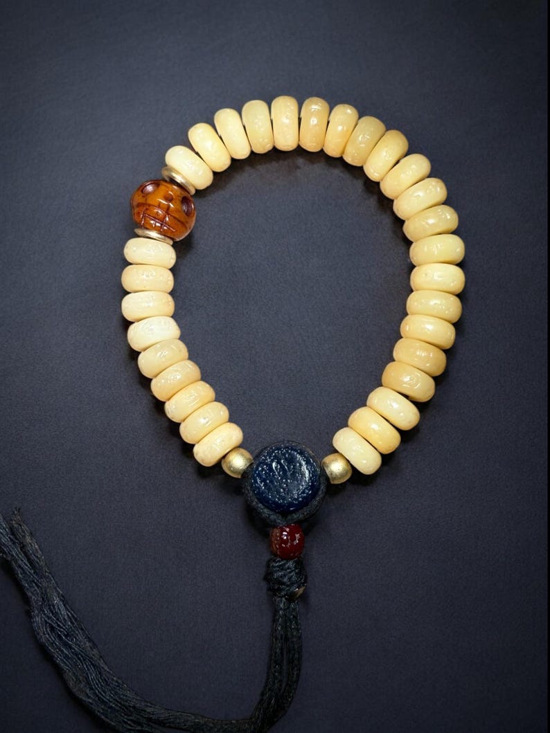 Tibetan Yak Bone Wrist Mala: Om Mani Mantra, Agate & Citipati Skull - Etsy