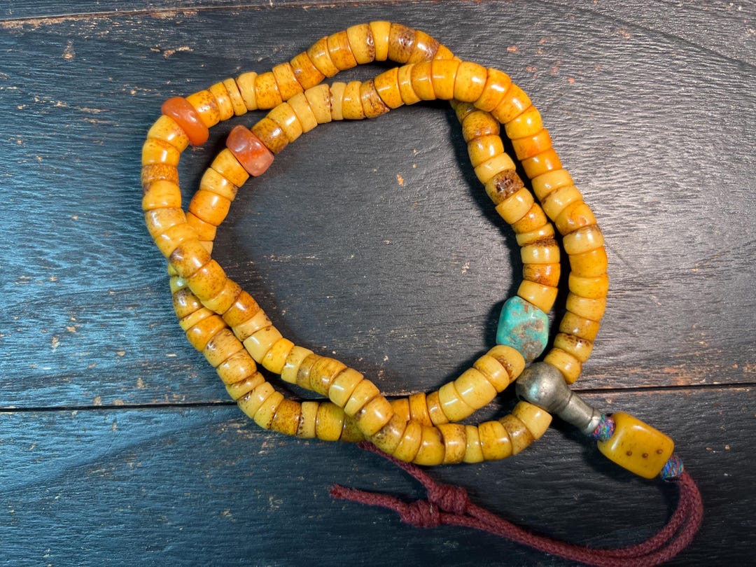 Tibetan Yak Bone Mala 108 Beads | Coral & Turquoise Accents | Buddhist ...