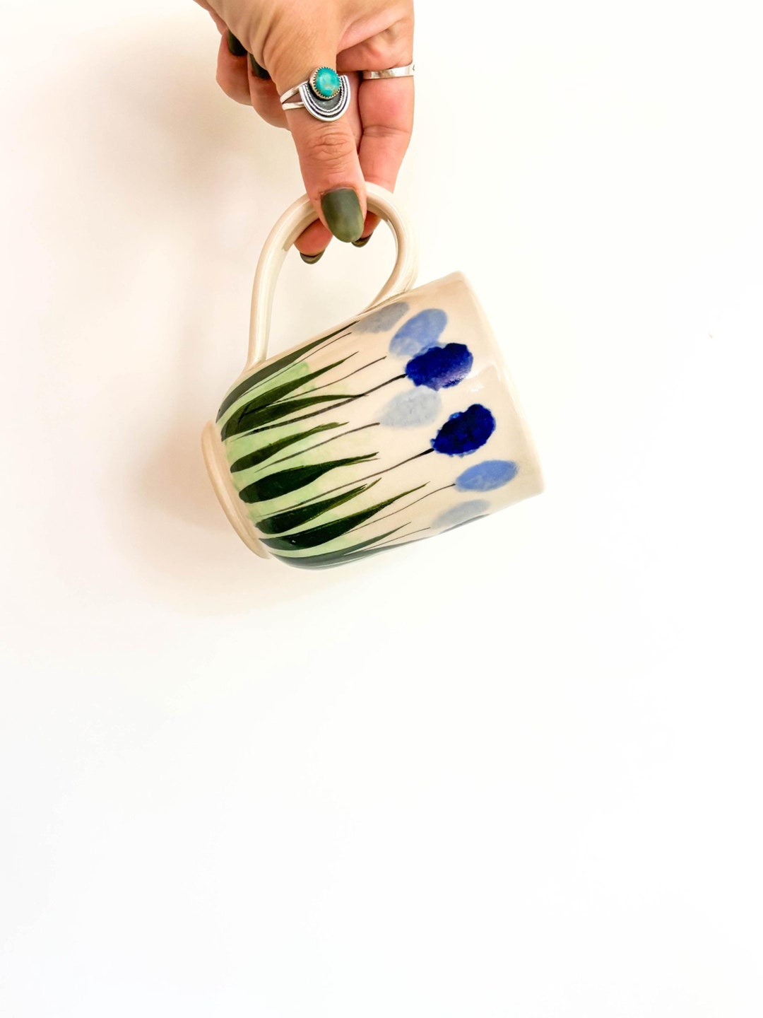 Handmade / Hand-painted Studio Pottery Flower Mug Tulips Lavender ...