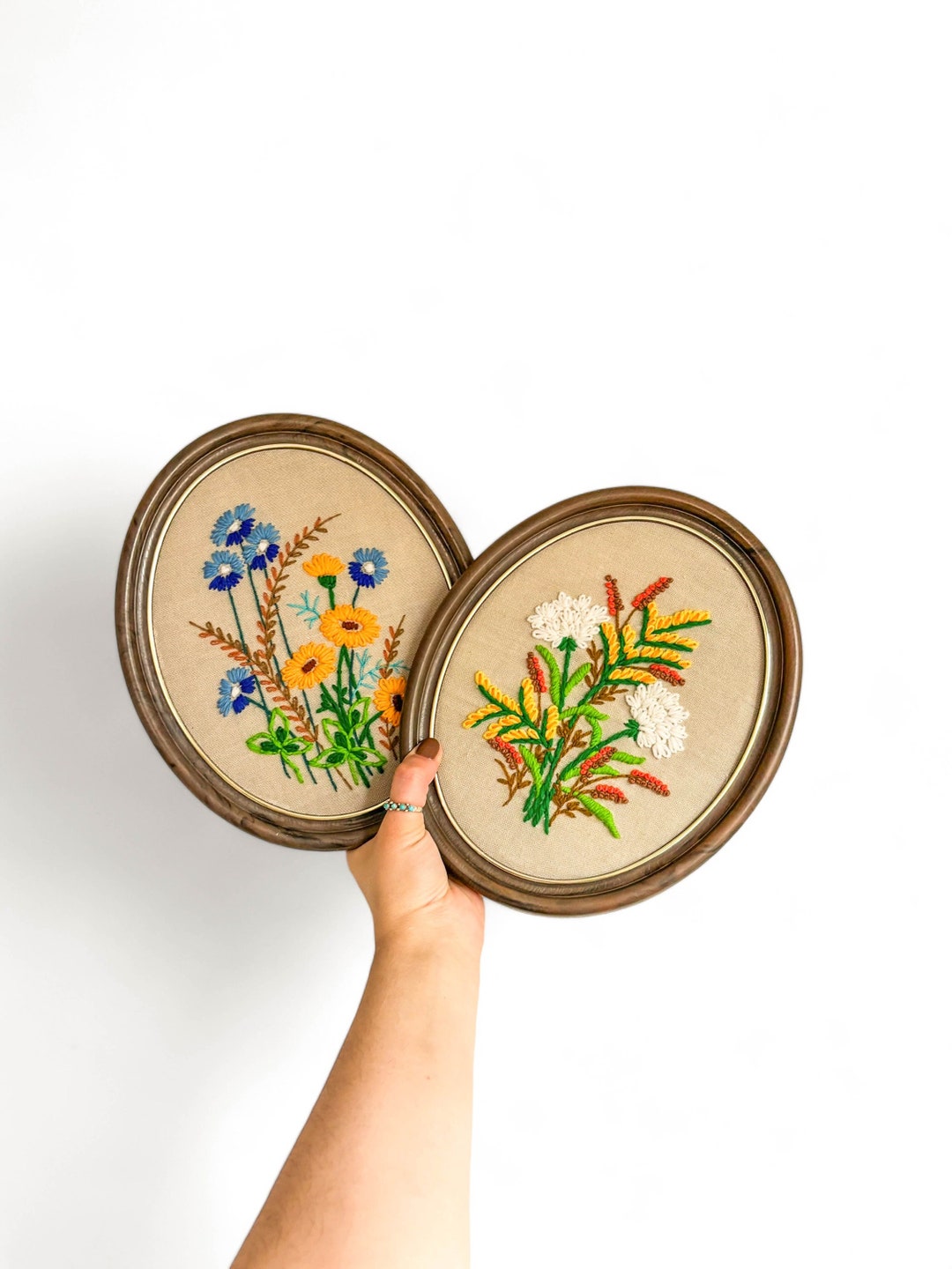 Set of 2 Framed Vintage MCM Flower Crewel Yarn Embroidery 8.5'' X 10.5 ...