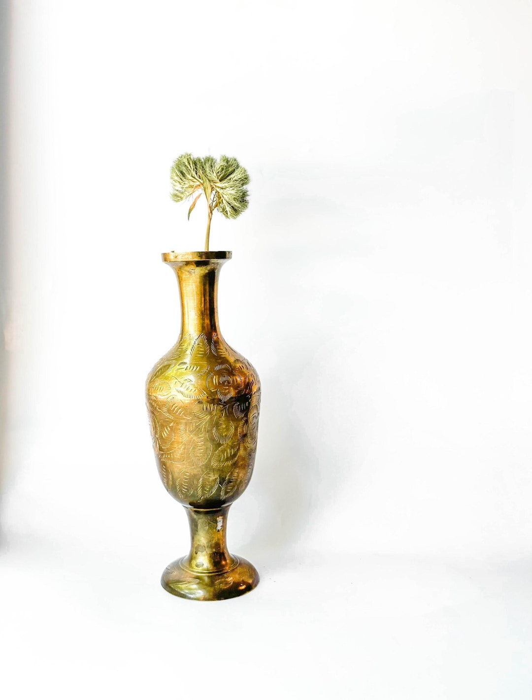 Vintage Brass Etched Rose Flower Footed Fluted Flower Bud Vase 8.75 ...