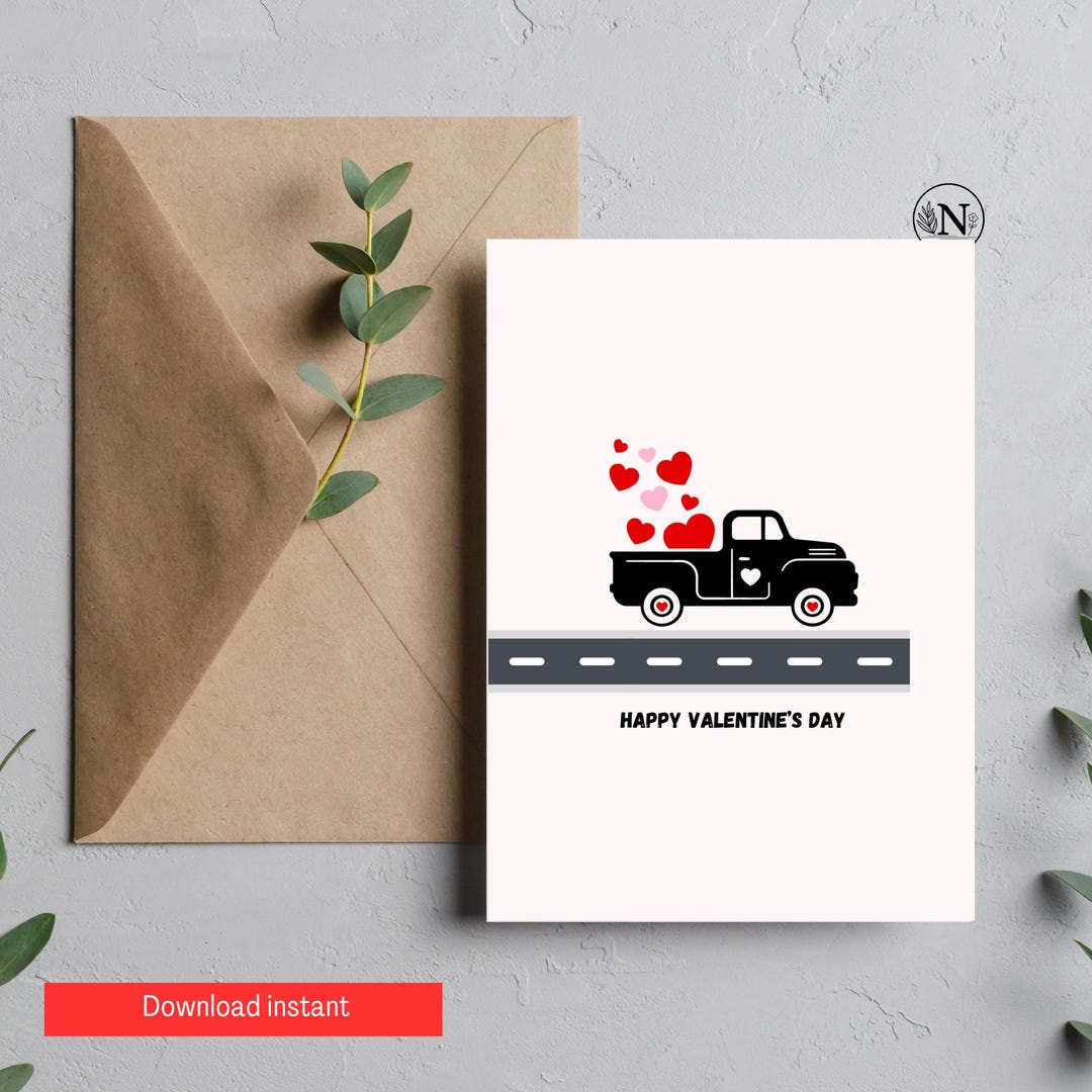 Printable Valentines Day Card Cute Love Truck Illustration Instant ...