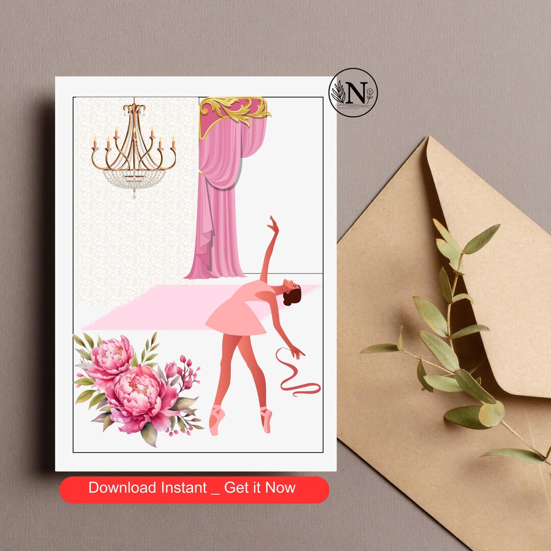 Elegant Ballerina Greeting Card, Ballet Gift Card, Pink Floral Dance ...