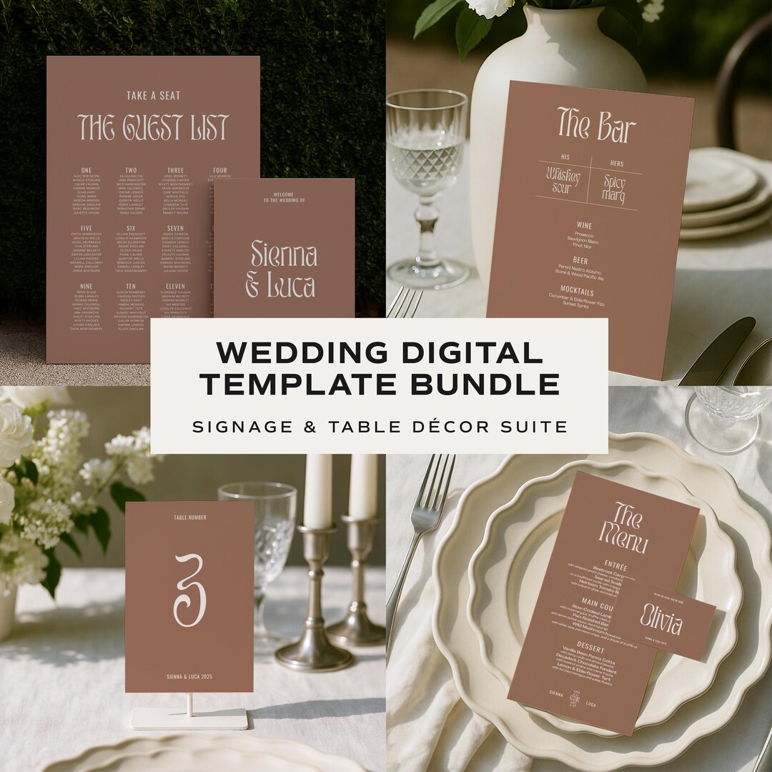 Neutral Boho Wedding Signage Bundle, Modern Brown Canva Template Suite ...