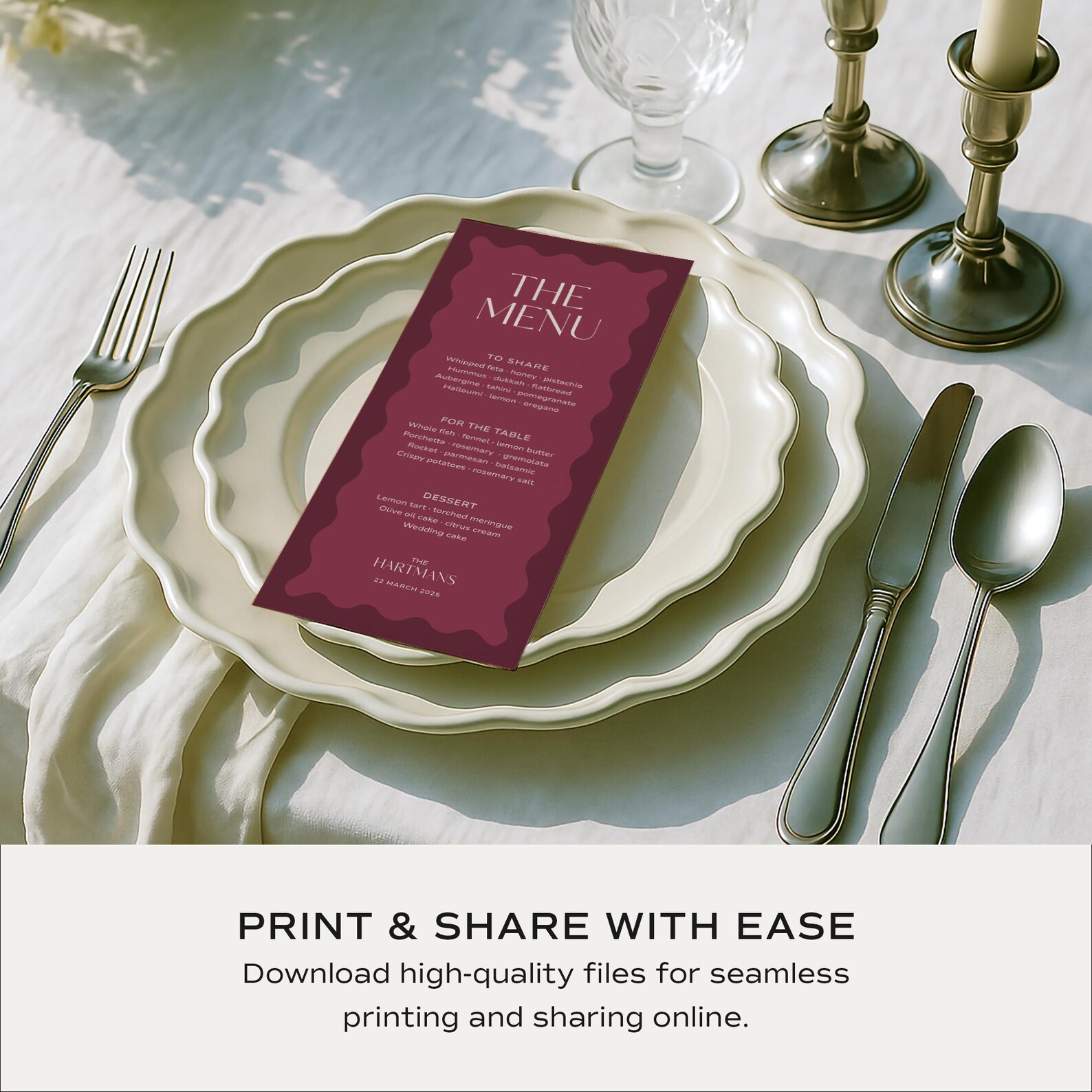 Wedding Menu Template, Burgundy Event Menu Cards, Wavy Border Dinner ...