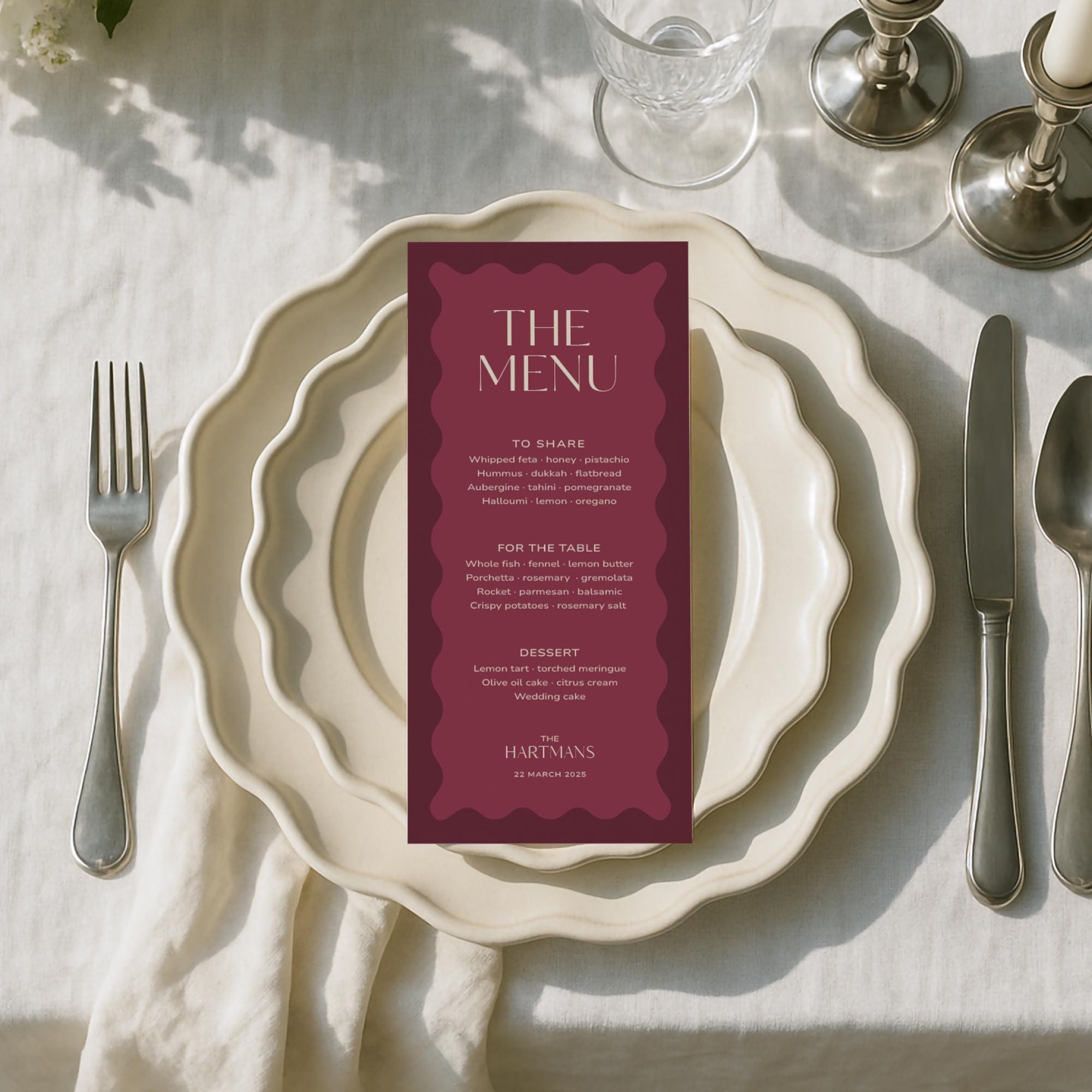 Wedding Menu Template, Burgundy Event Menu Cards, Wavy Border Dinner ...