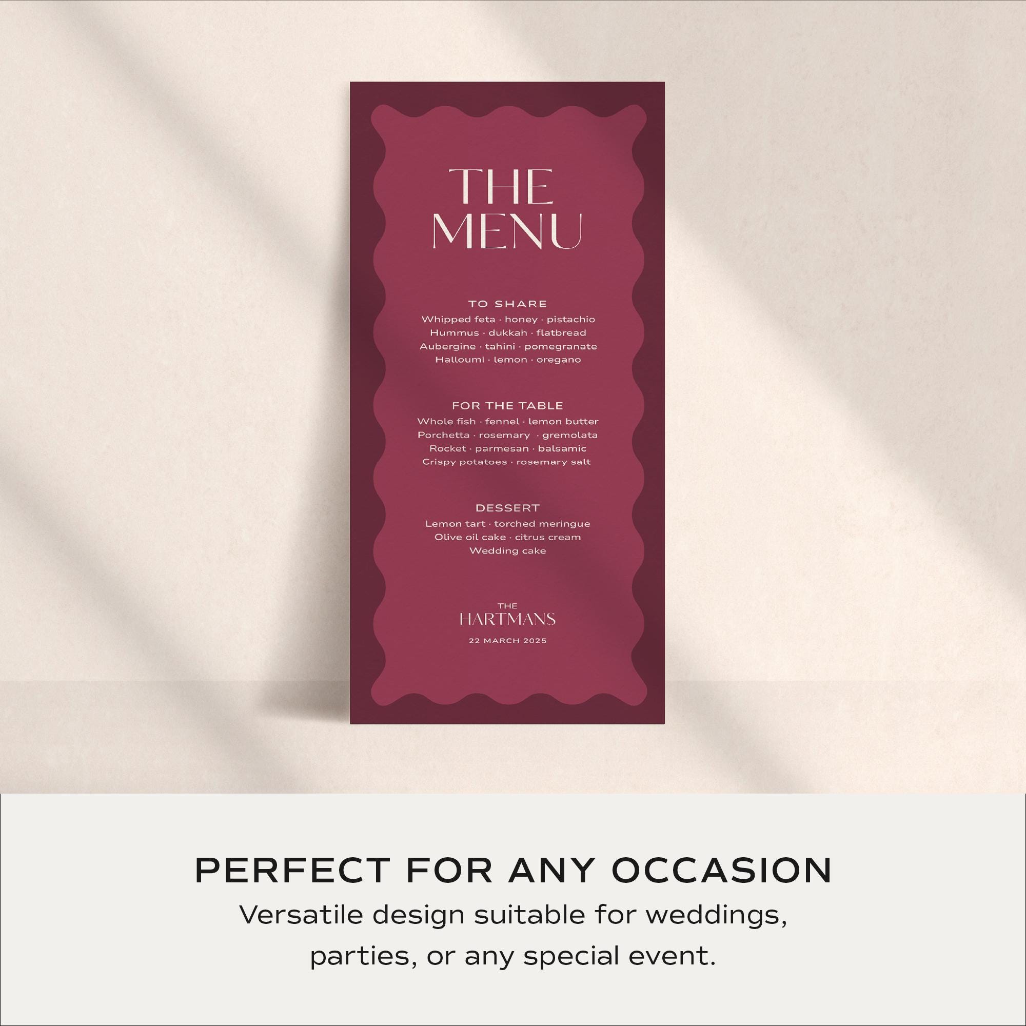 Wedding Menu Template, Burgundy Event Menu Cards, Wavy Border Dinner ...