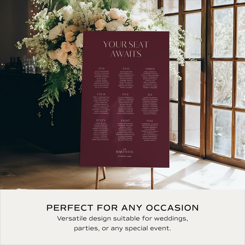 Wedding Seating Chart Template, Burgundy Wavy Reception Seating Plan ...