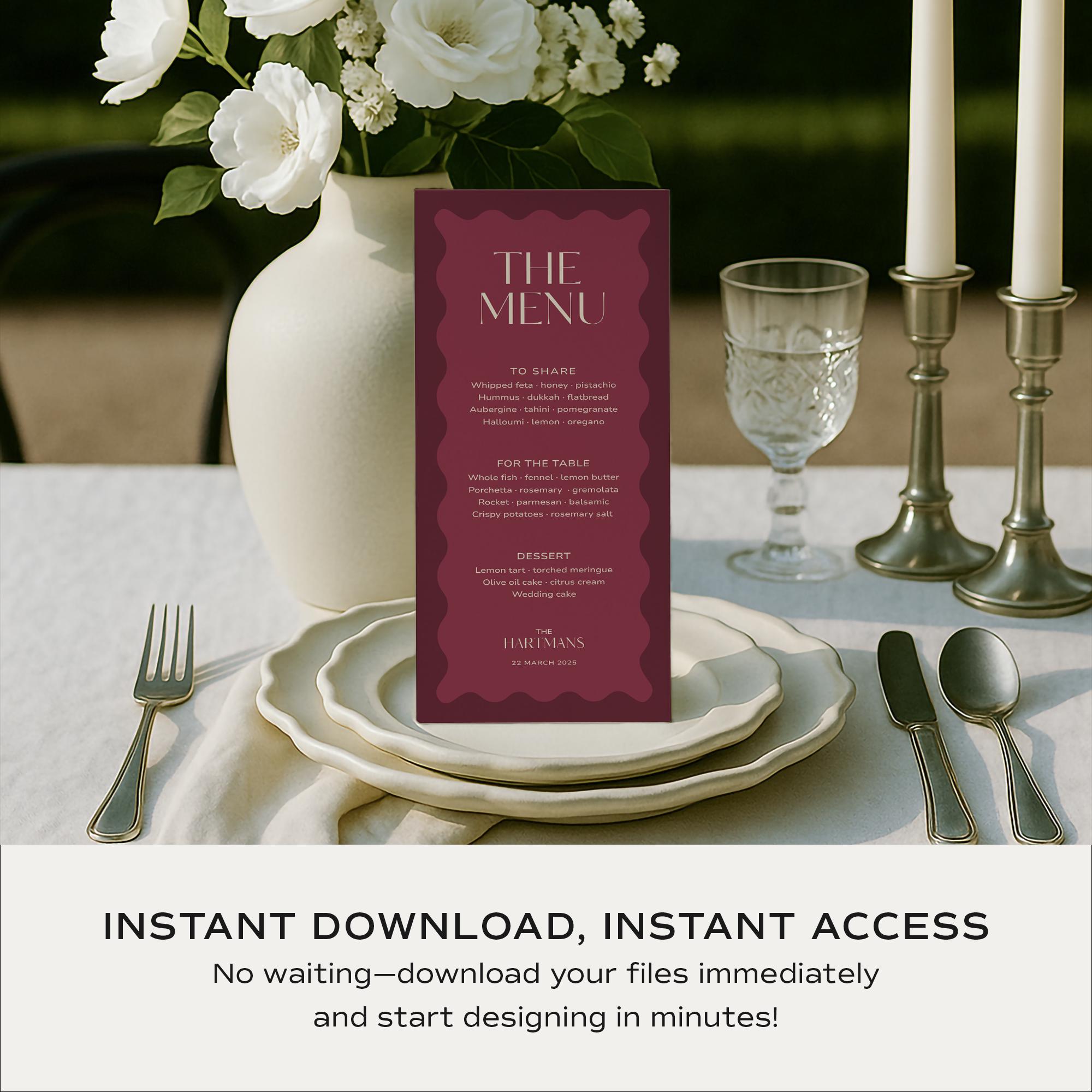 Wedding Menu Template, Burgundy Event Menu Cards, Wavy Border Dinner ...