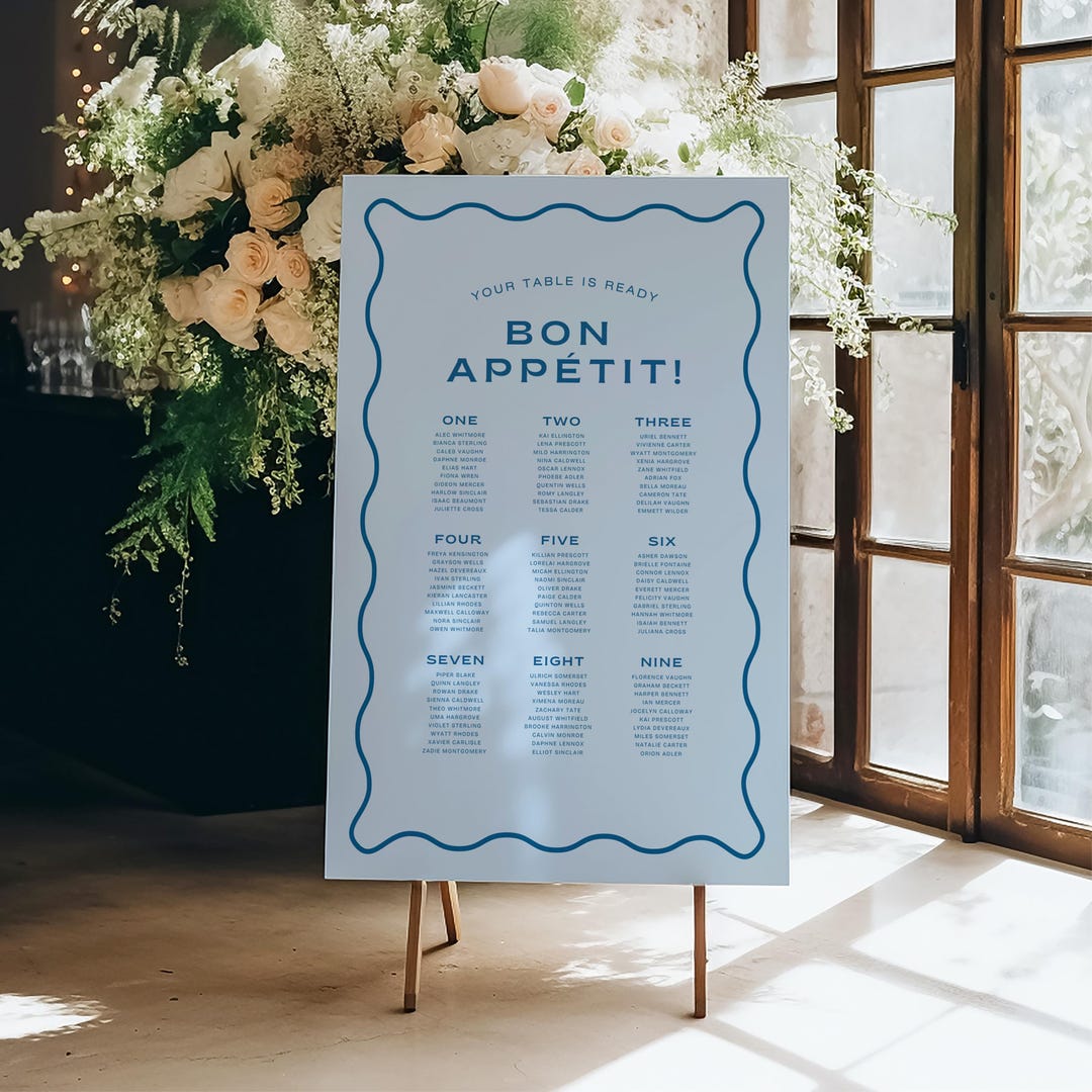 Blue Wavy Wedding Seating Chart, Modern Reception Table Plan Sign ...
