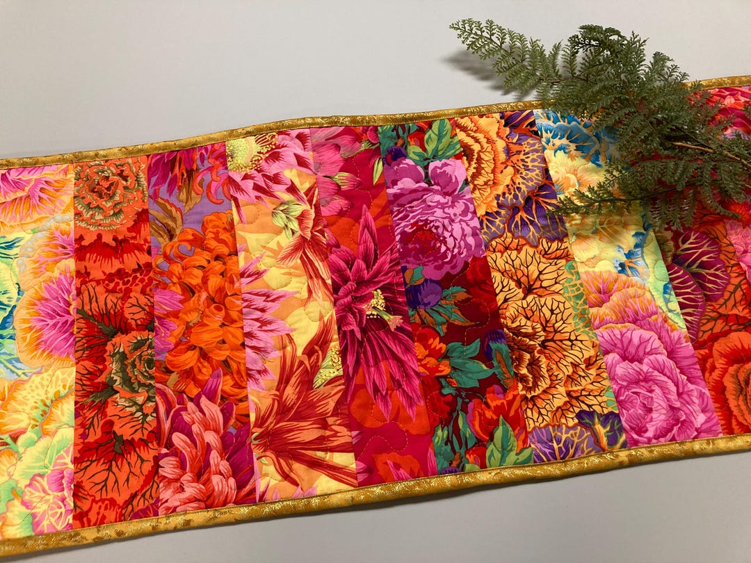 Kaffe Fassett Bright Yellow Pink Orange Red Quilted Table Runner Summer, Reversible Spring 13x52 ...