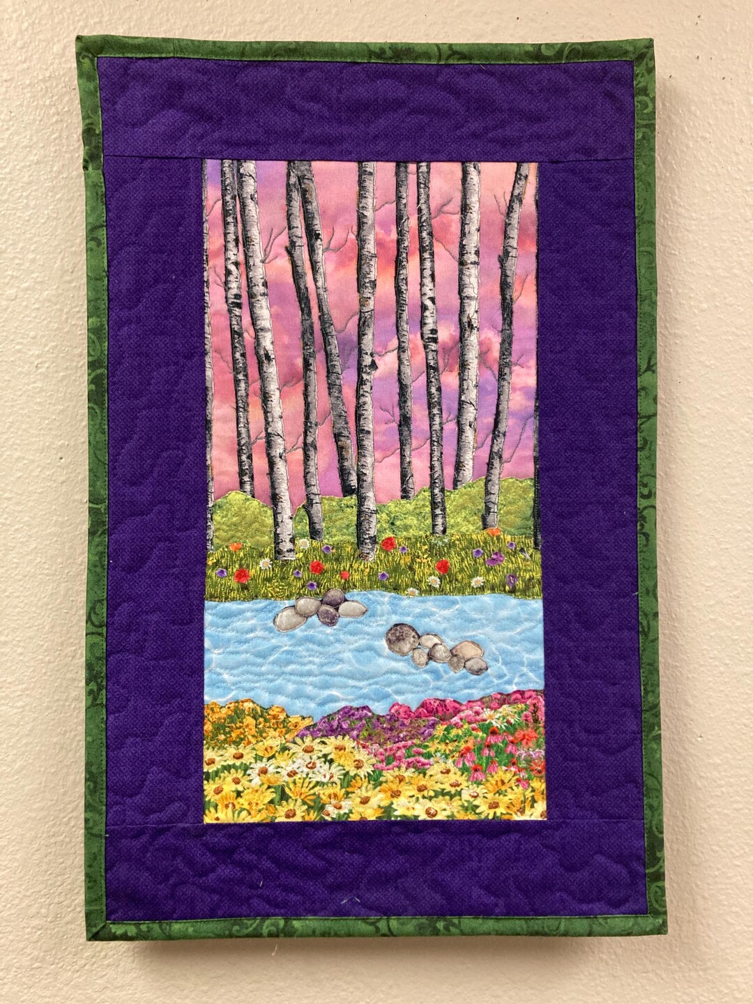 Sunset Aspen Trees and Flowers, Fabric Art Quilt Wall Hanging ...