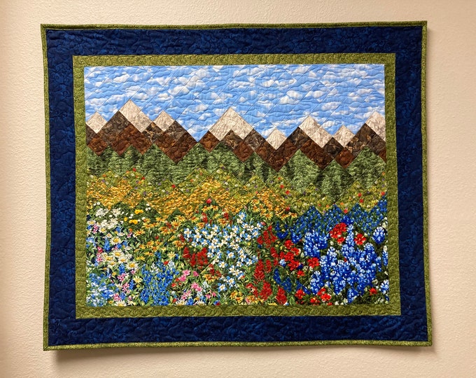 Mountain Flowers Landscape Art Quilt, Scenic Tapestry 30x36" Fabric ...
