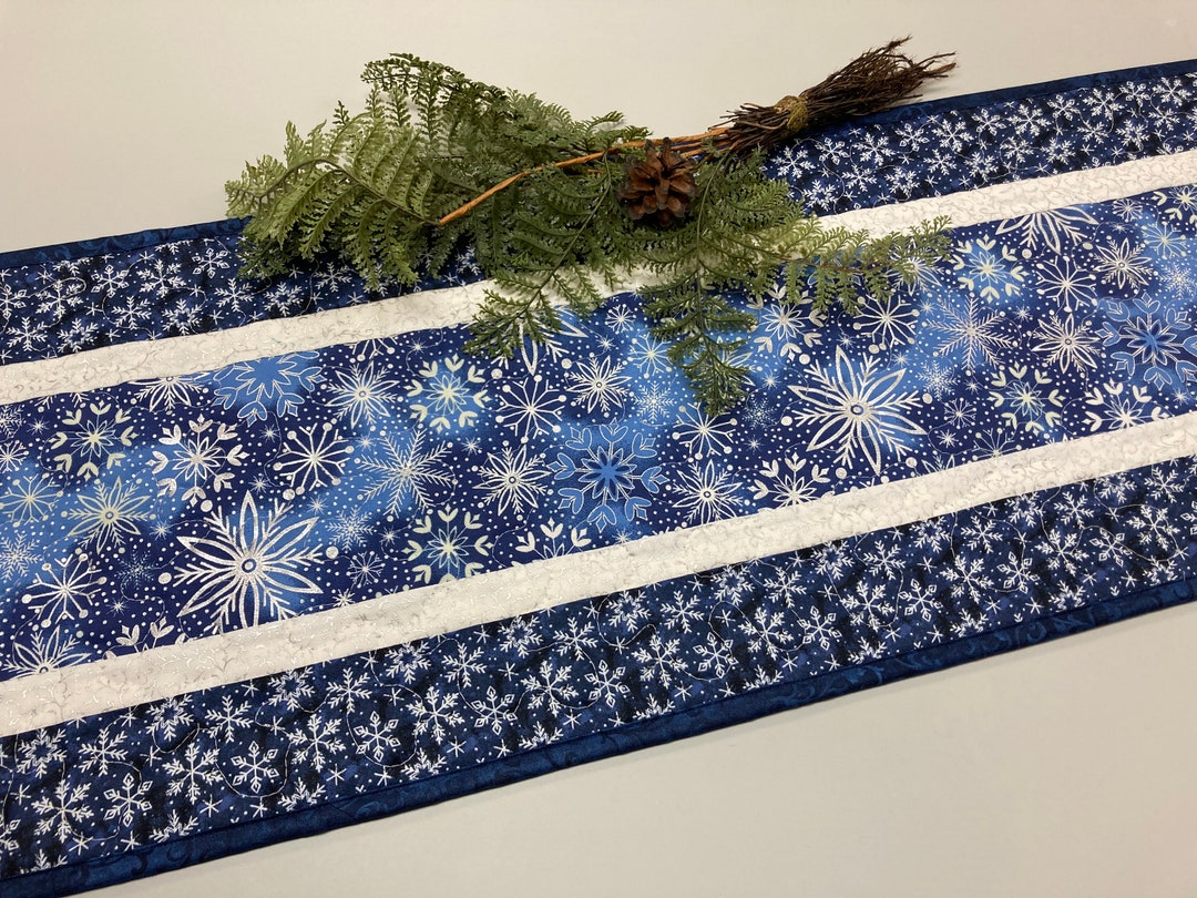 Blue Silver Snowflakes Winter Table Runner Quilted 13x48, Hanukkah ...