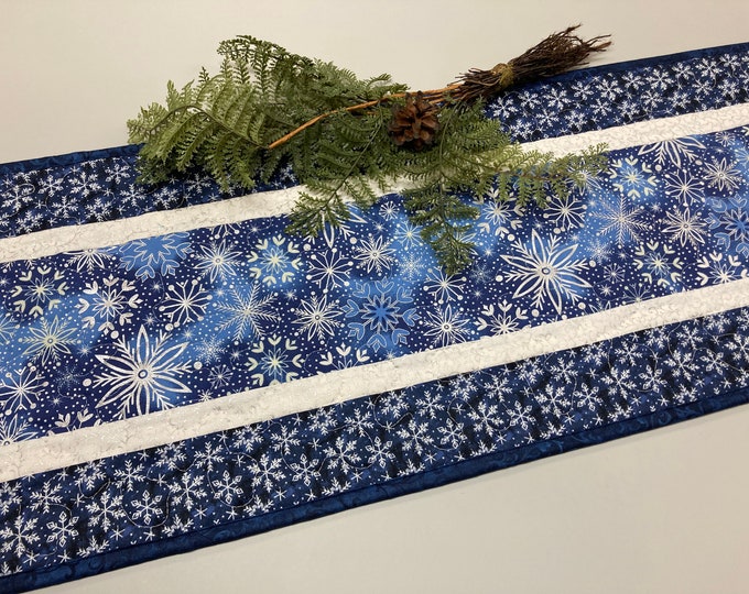 Blue Silver Snowflakes Winter Table Runner Quilted 13x48, Hanukkah ...