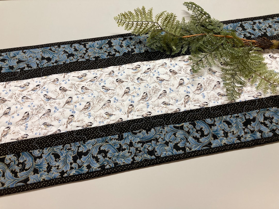 Winter Blue Birds in Trees Quilted Dining Table Runner, 13x48 ...
